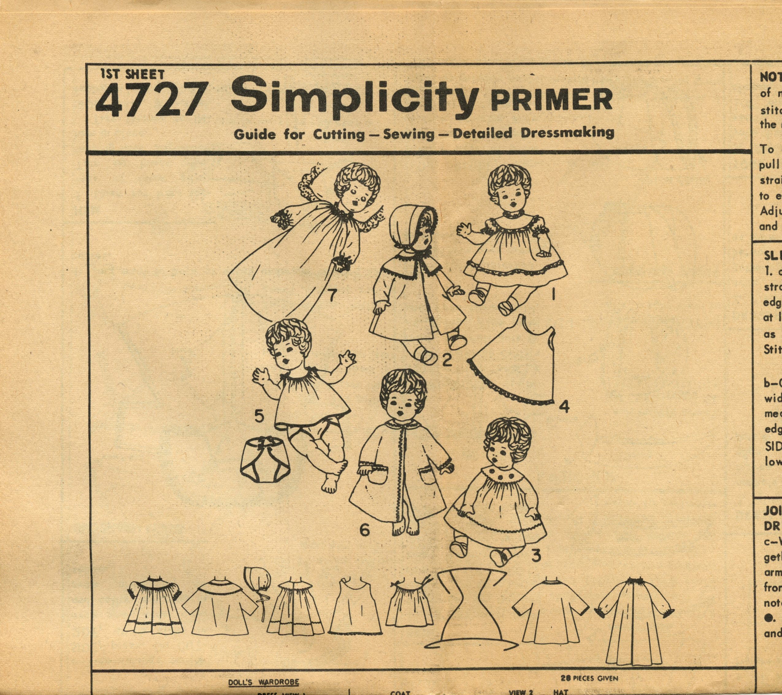 Vintage Simplicity Sewing Pattern 4727 for 14" Doll Wardrobe 1963 Wetsy ...