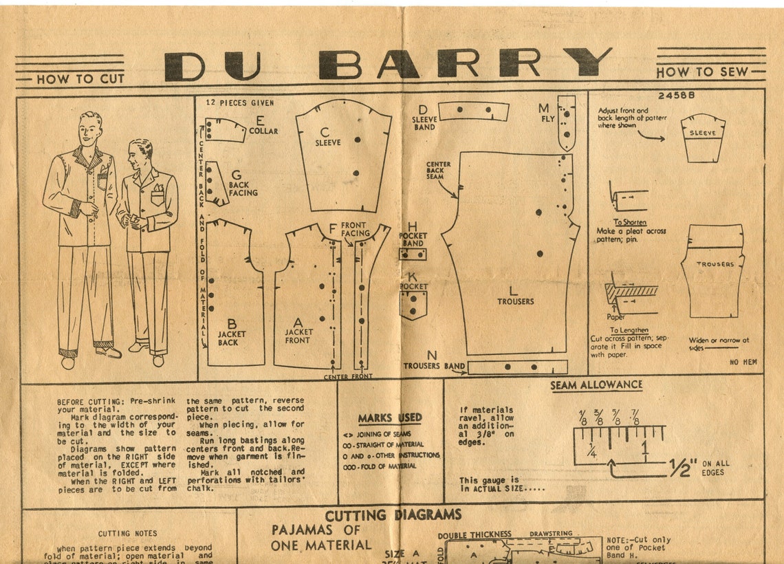 Vintage Du Barry Sewing Pattern 2458B Men's Pajamas Size 34-36 Waist 30 ...