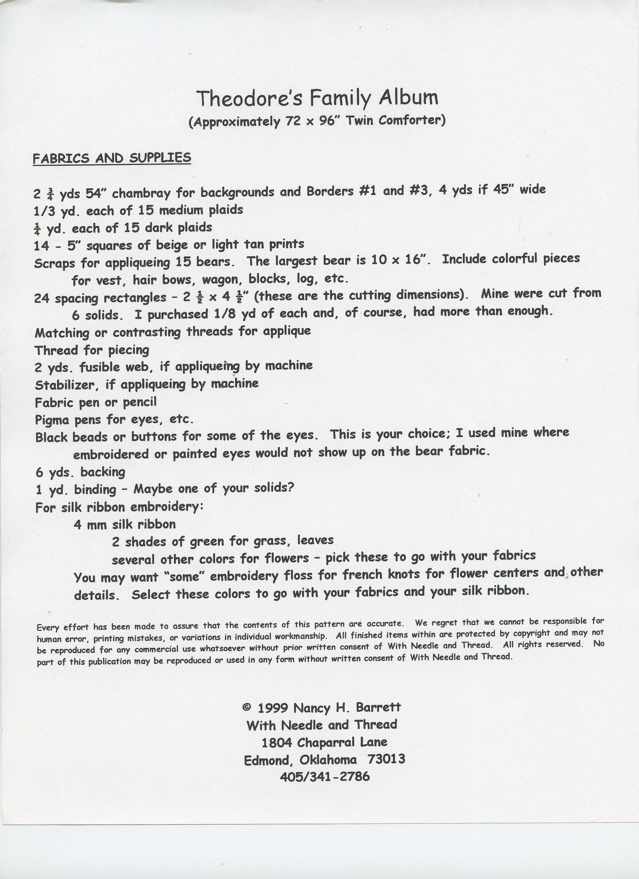 Theodore's Family Album #P-78 Teddy Bear Quilt Pattern 72" X 96" 15 ...