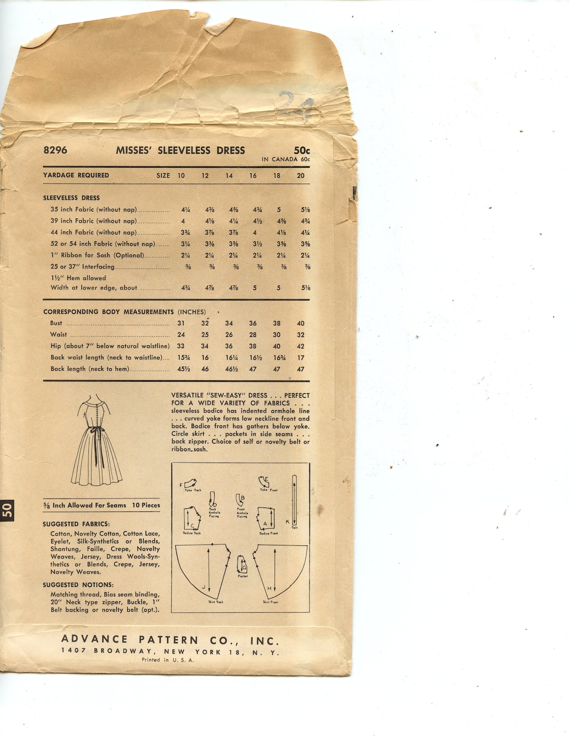 Vintage Advance Sew-easy Sewing Pattern 8296 Misses' Sleeveless Dress ...