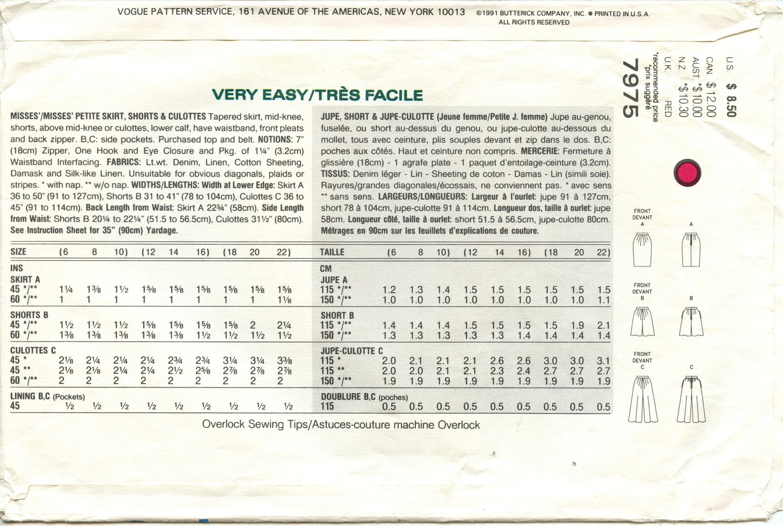 Very Easy Very Vogue Sewing Pattern 7975 Misses' Tapered Skirt, Lower ...