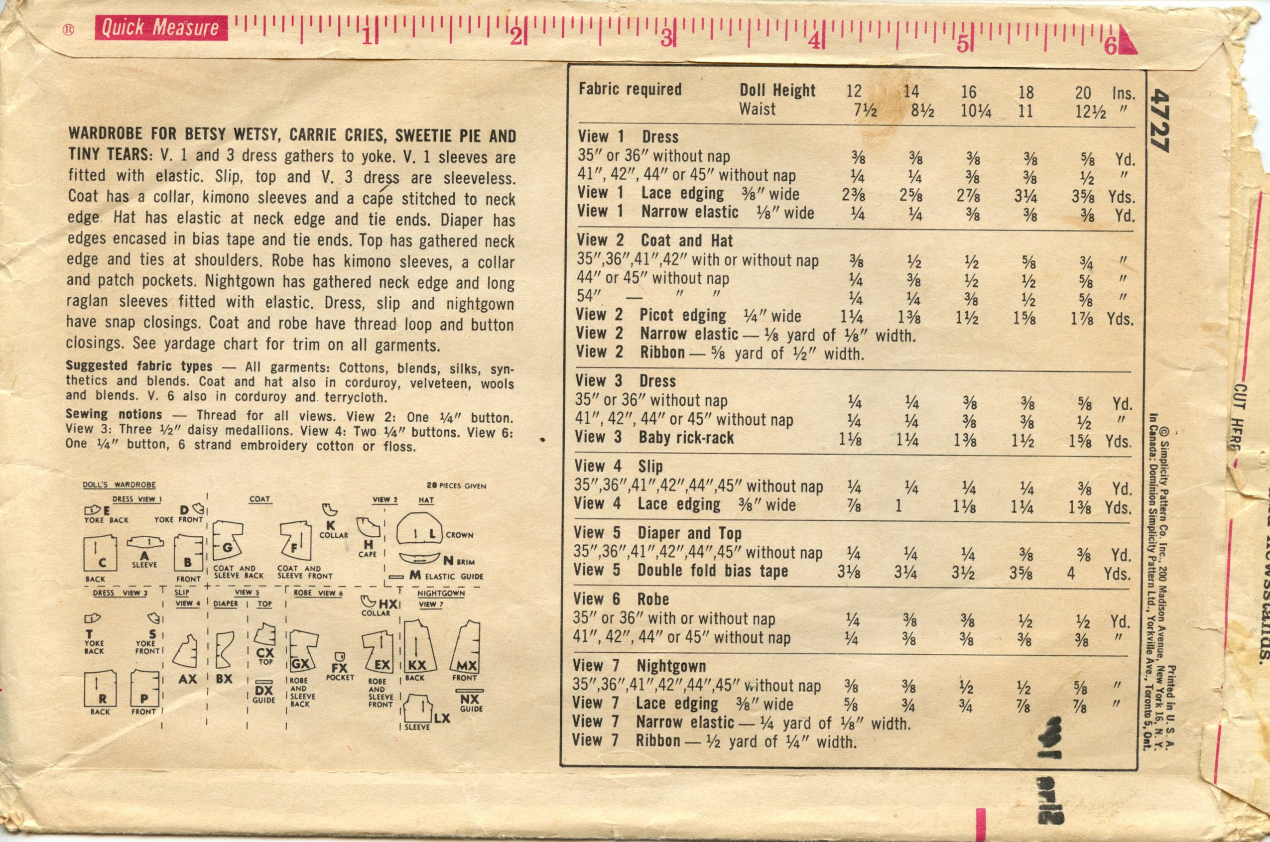 Vintage Simplicity Sewing Pattern 4727 for 14" Doll Wardrobe 1963 Wetsy ...