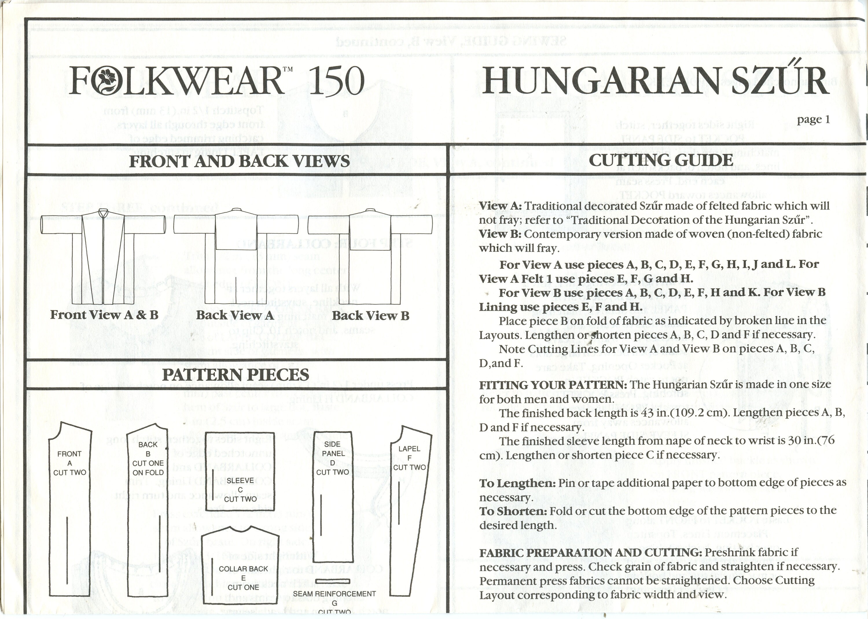 Folkswear Sewing Pattern Hungarian Szur Coat 150 Men's and Misses' One ...