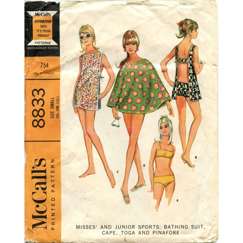 Mccall's 8833 1960's Junior Sport Bathing Suit, Cape, Toga and Pinafore ...