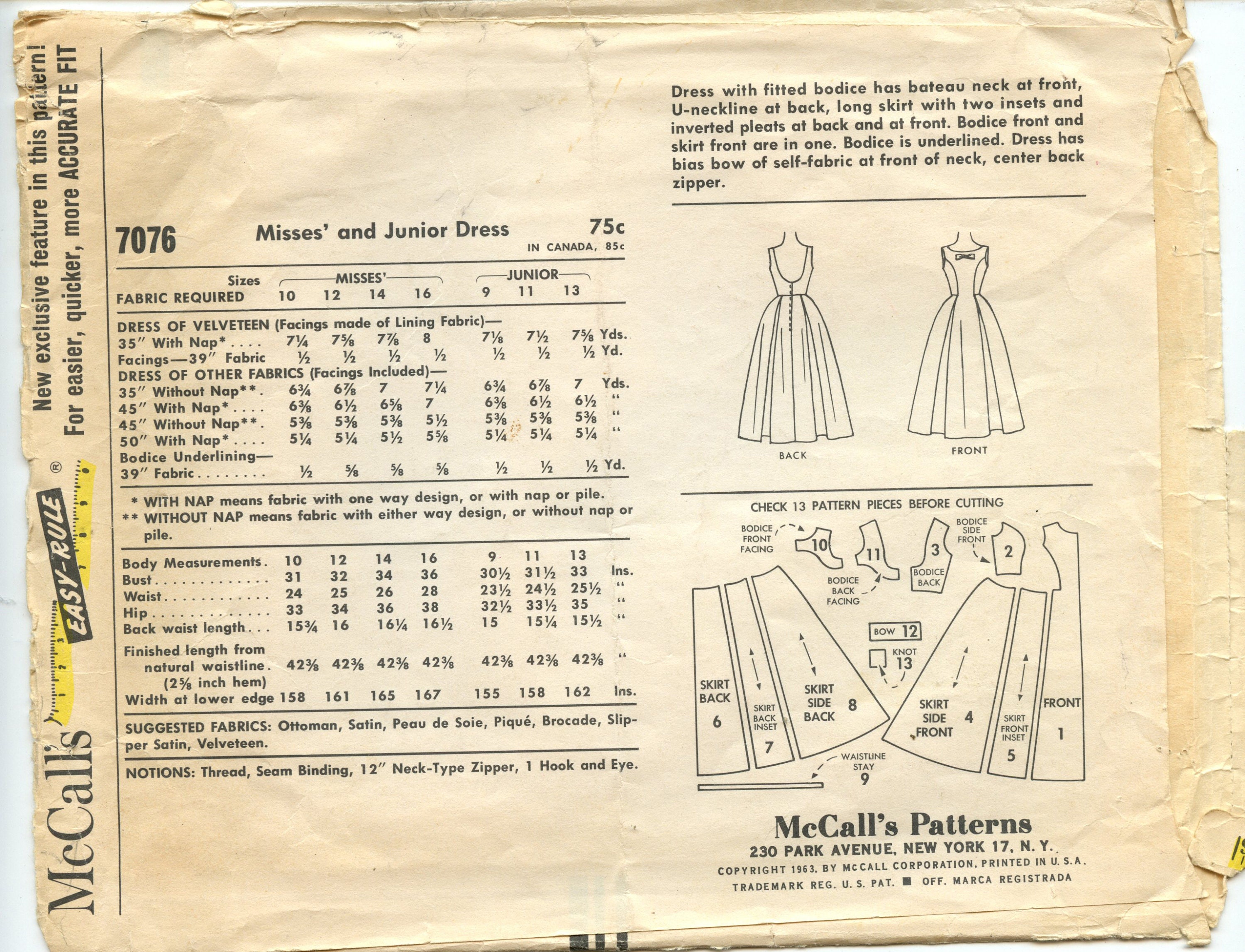 1963 Mccall's 7076 Sewing Pattern Misses Evening Dress With Fitted ...