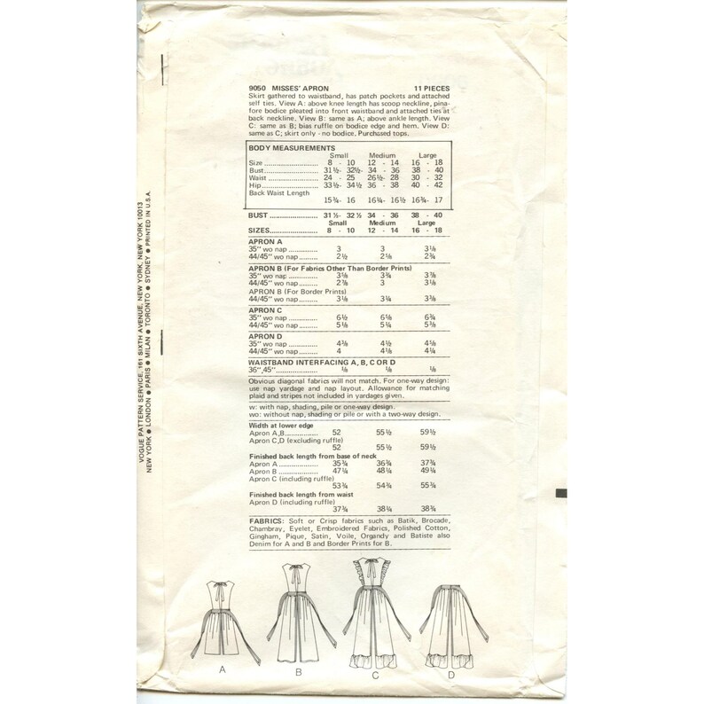 Vogue 9050 Womens Apron Sewing Pattern Medium 11 Pieces Vintage Misses ...