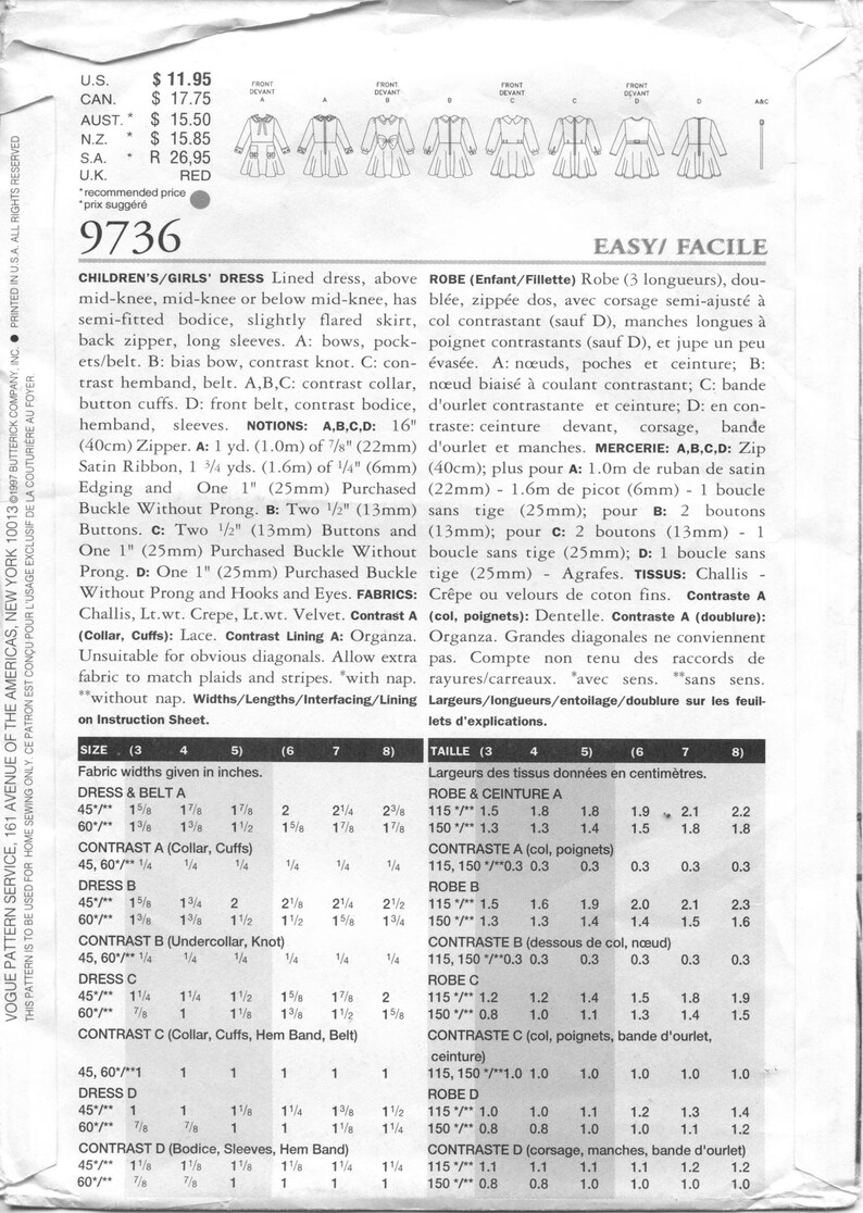 Vogue for Me Sewing Pattern 9736 Girl's Lined Dress Sizes - Etsy