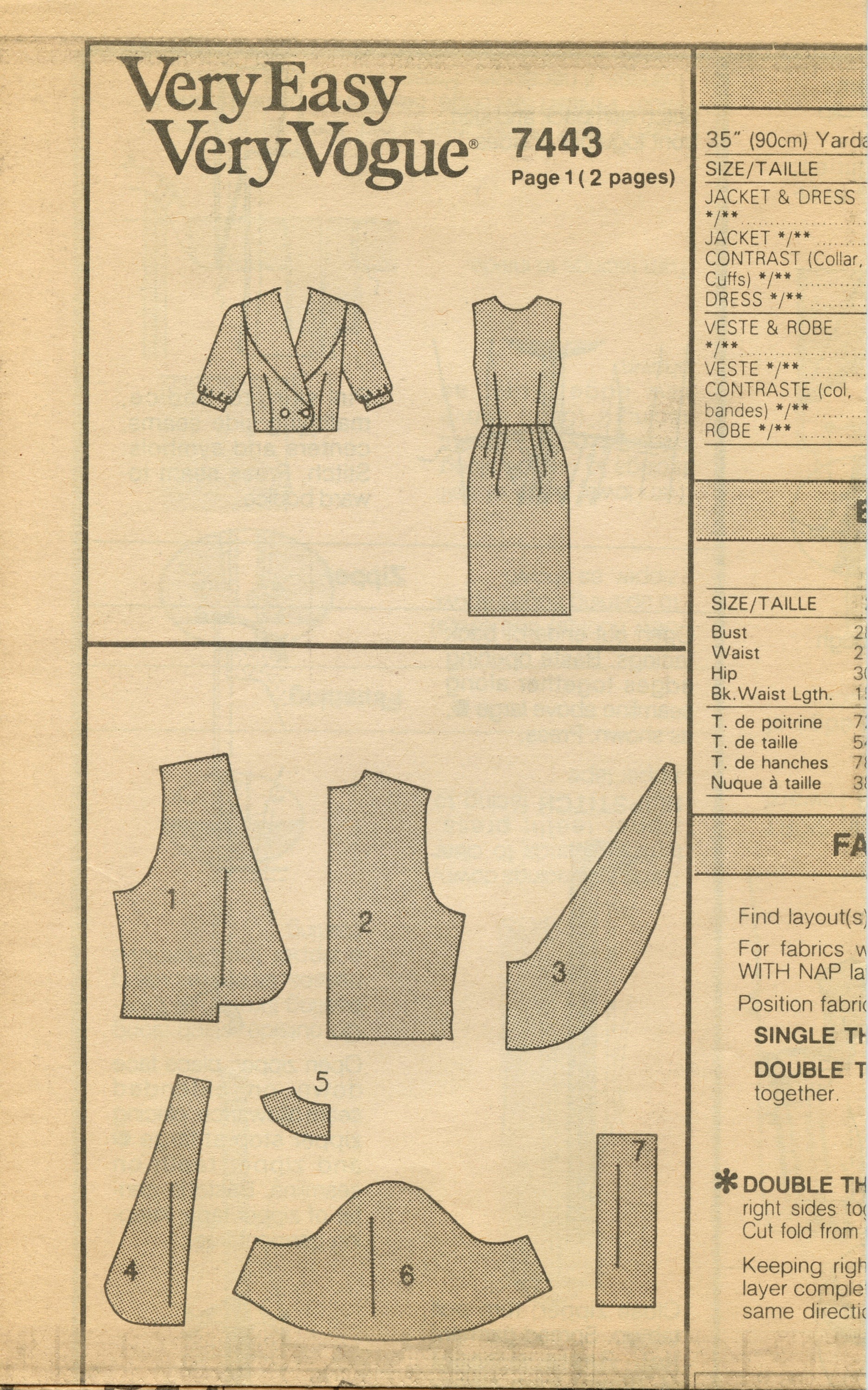 Vogue Sewing Pattern 7443 Misses' Jacket and Dress 1980's Sizes 6-8-10 ...