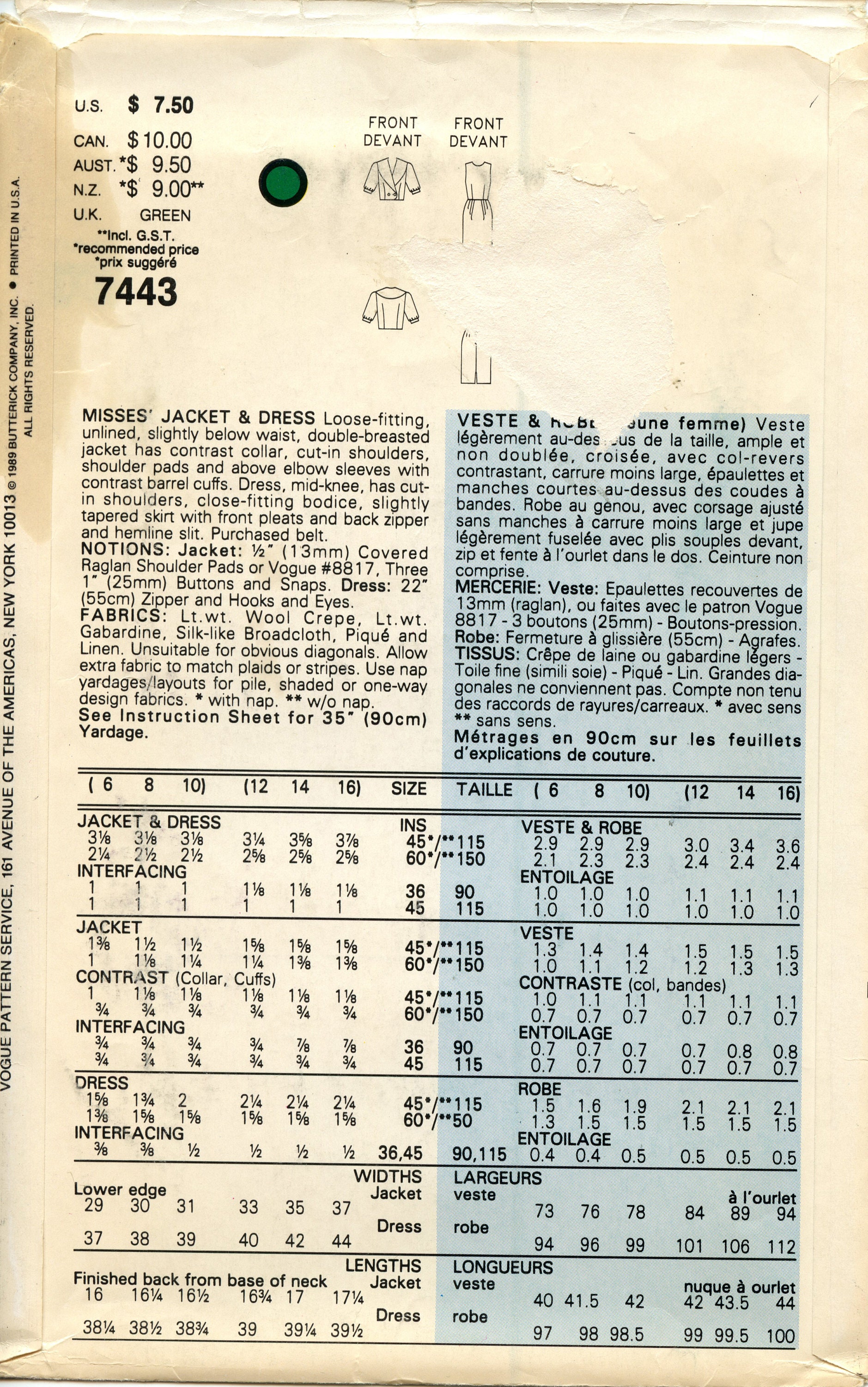 Vogue Sewing Pattern 7443 Misses' Jacket and Dress - Etsy