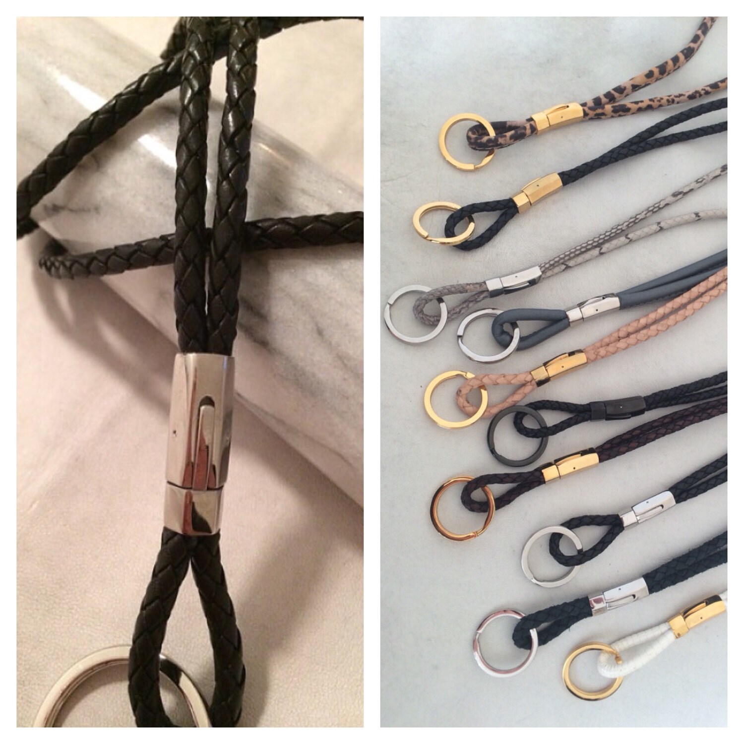 BLACK Lanyard / Keychain / ID Badge Holder in Braided Bolo Leather With ...
