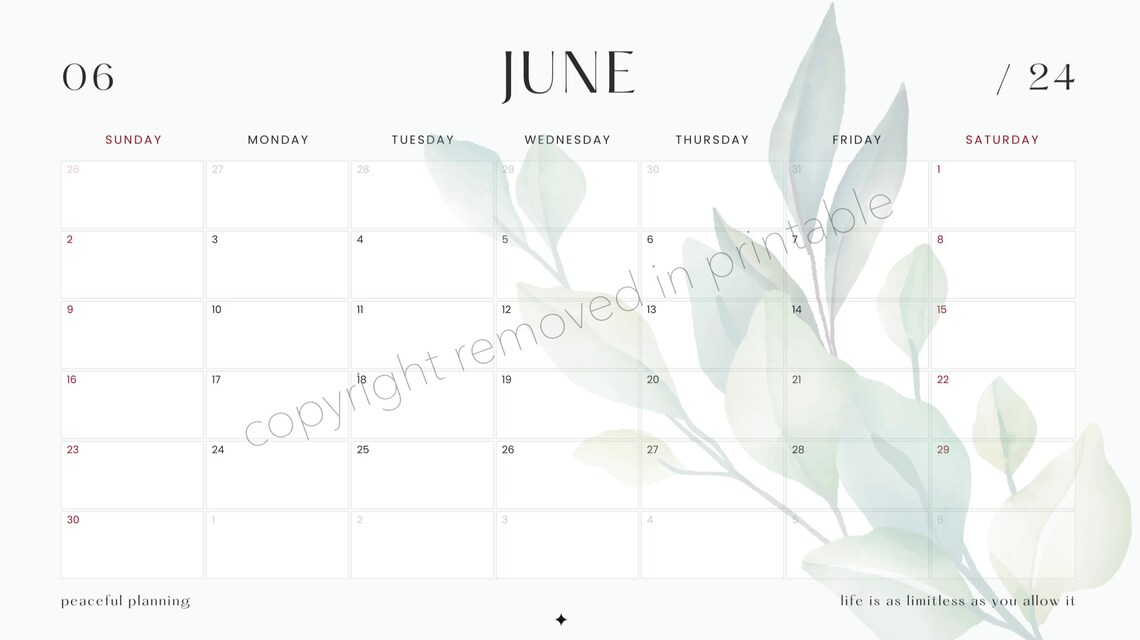 2024 Clean Botanical Calendar Printable I Minimal April - December I Q2 ...