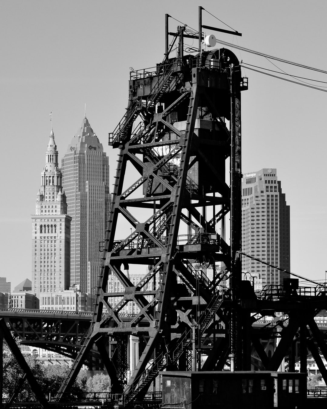 Cleveland Skyline - Key and Terminal Towers, BP Building & Lift Bridge ...