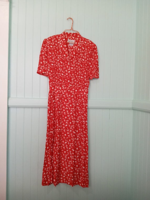Karin Stevens Vintage 80's Red Floral Button Up Midi … - Gem