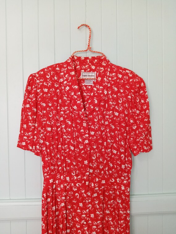 Karin Stevens Vintage 80's Red Floral Button Up Midi … - Gem