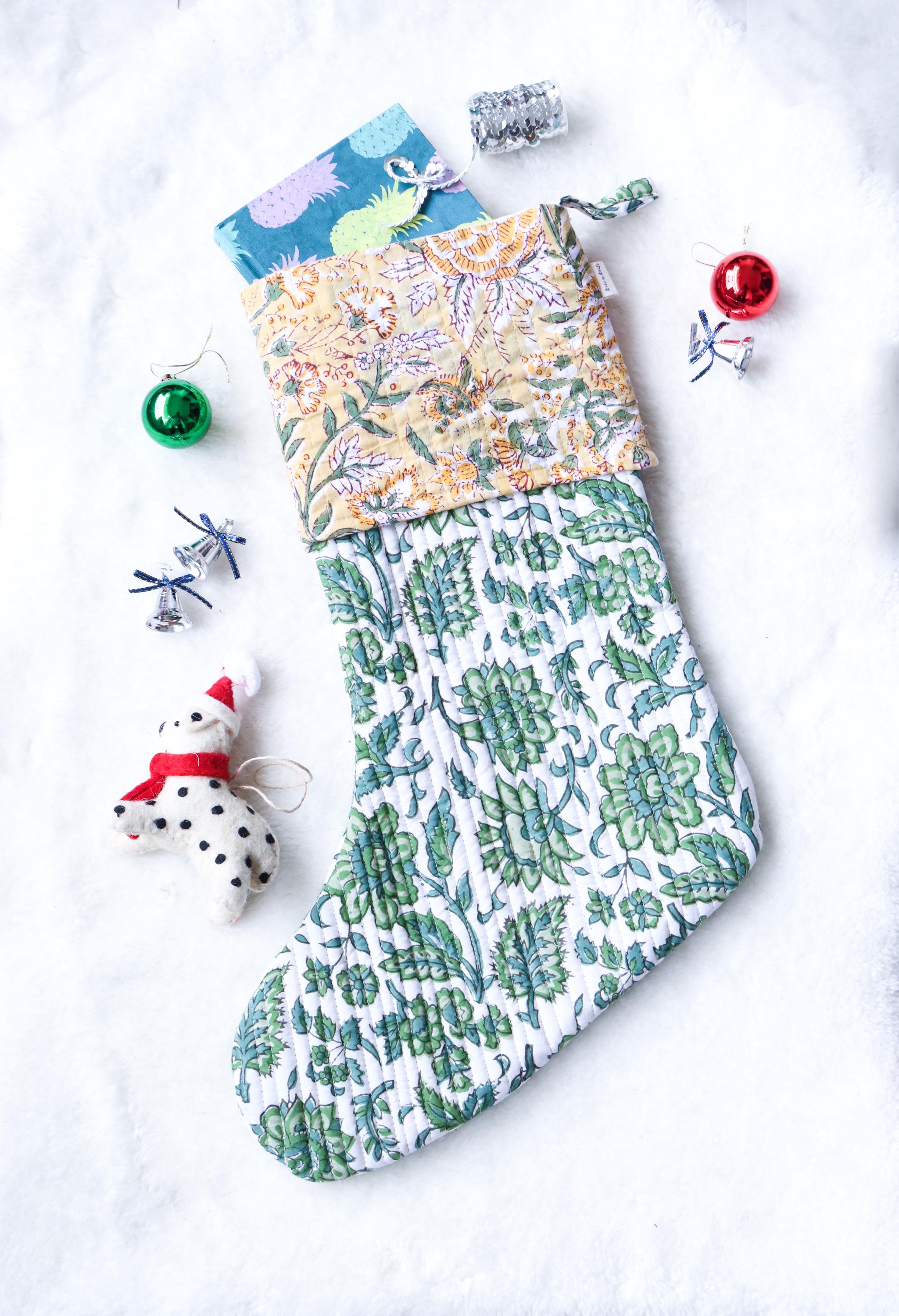 Block Print Quilted Christmas Stocking - Green Boho Holiday Decor - Etsy