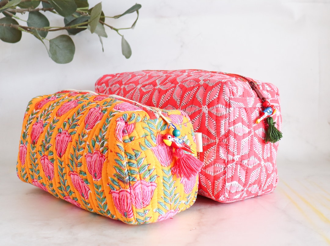 Quilted Cosmetic Bag - Block Print Bags - Set of 2 Cosmetic Pouches ...