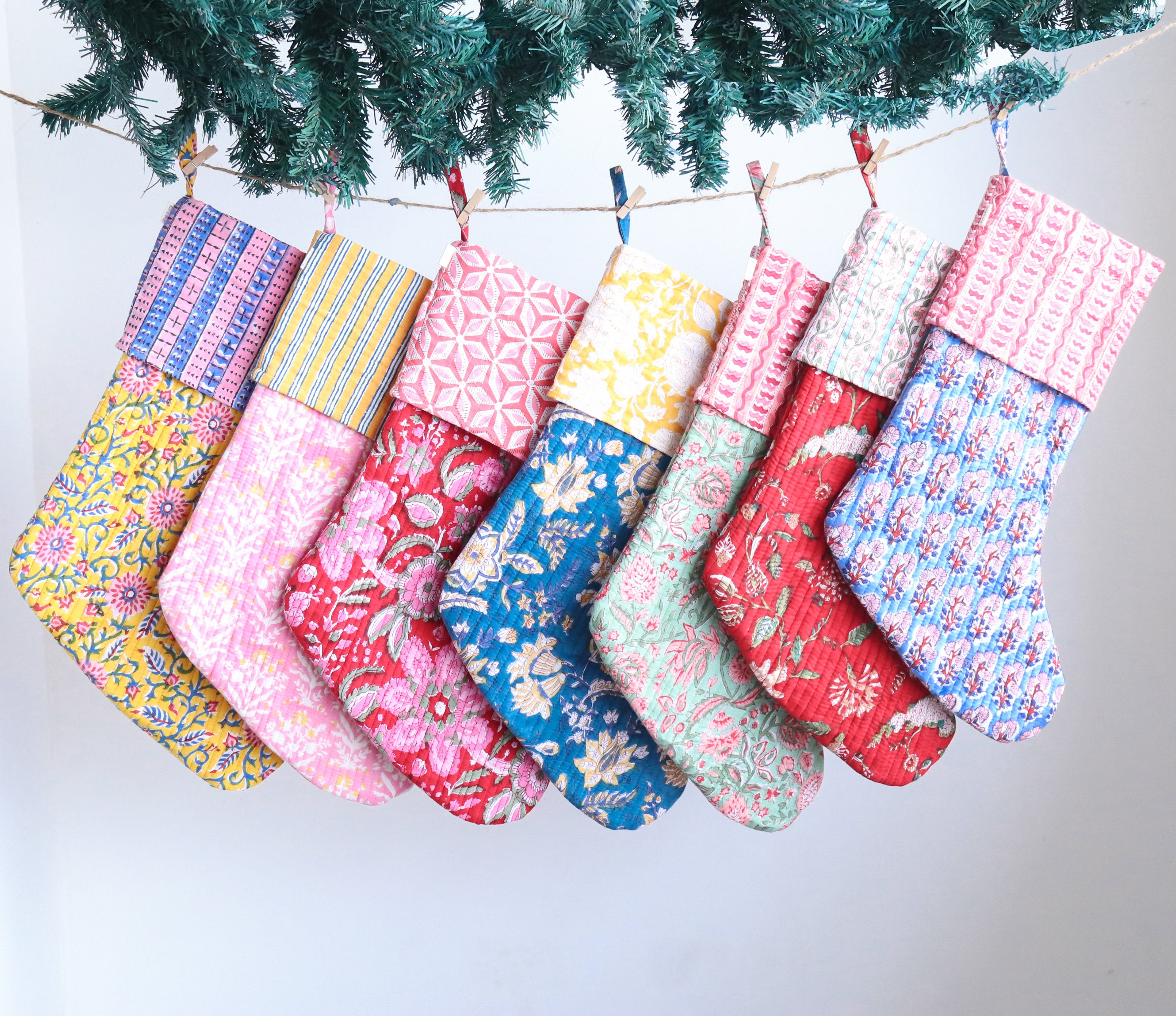 Block Print Quilted Christmas Stocking - Green Boho Holiday Decor - Etsy