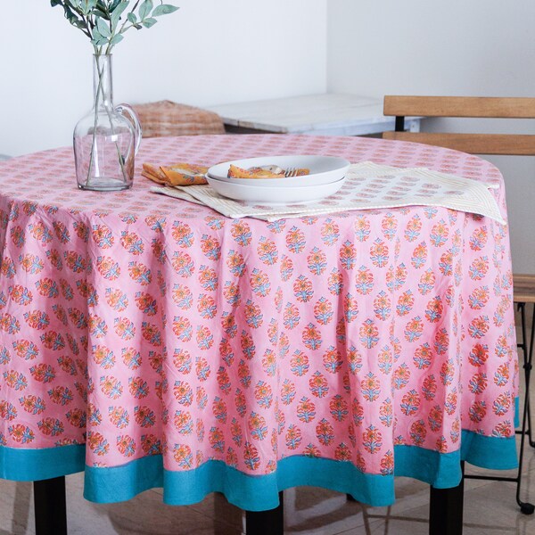 Pink Block Print Tablecloth - Etsy