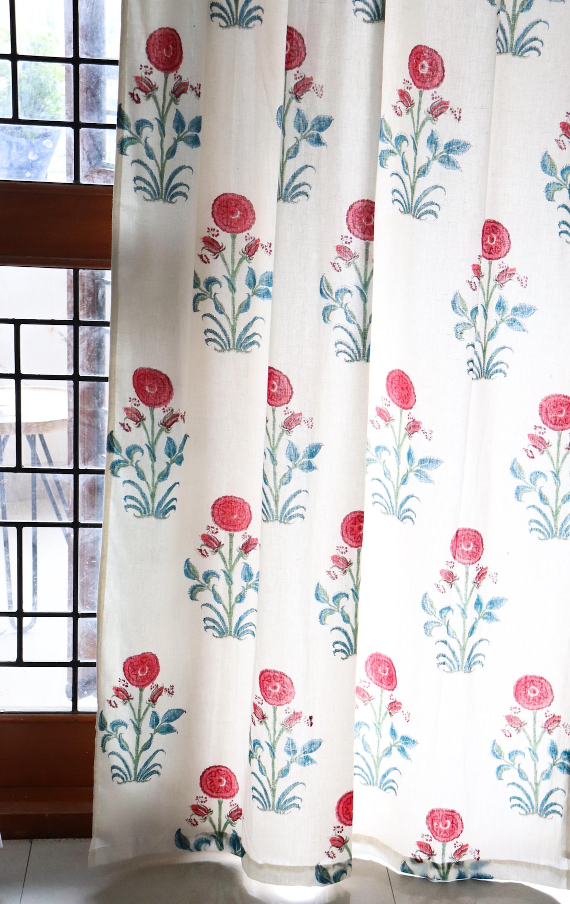 Hand Block Print Lined Cotton Curtains, Mughal Floral Design, Set of 2 ...