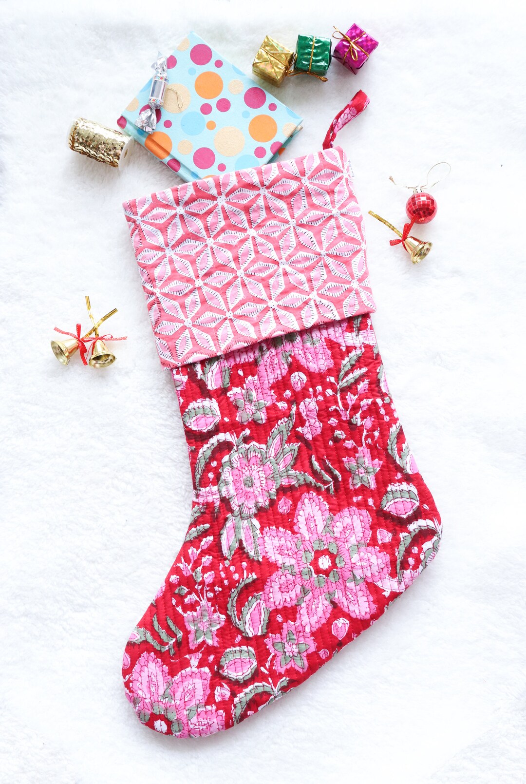 Quilted Christmas Stocking - Block Print Sustainable Quilted Christmas ...