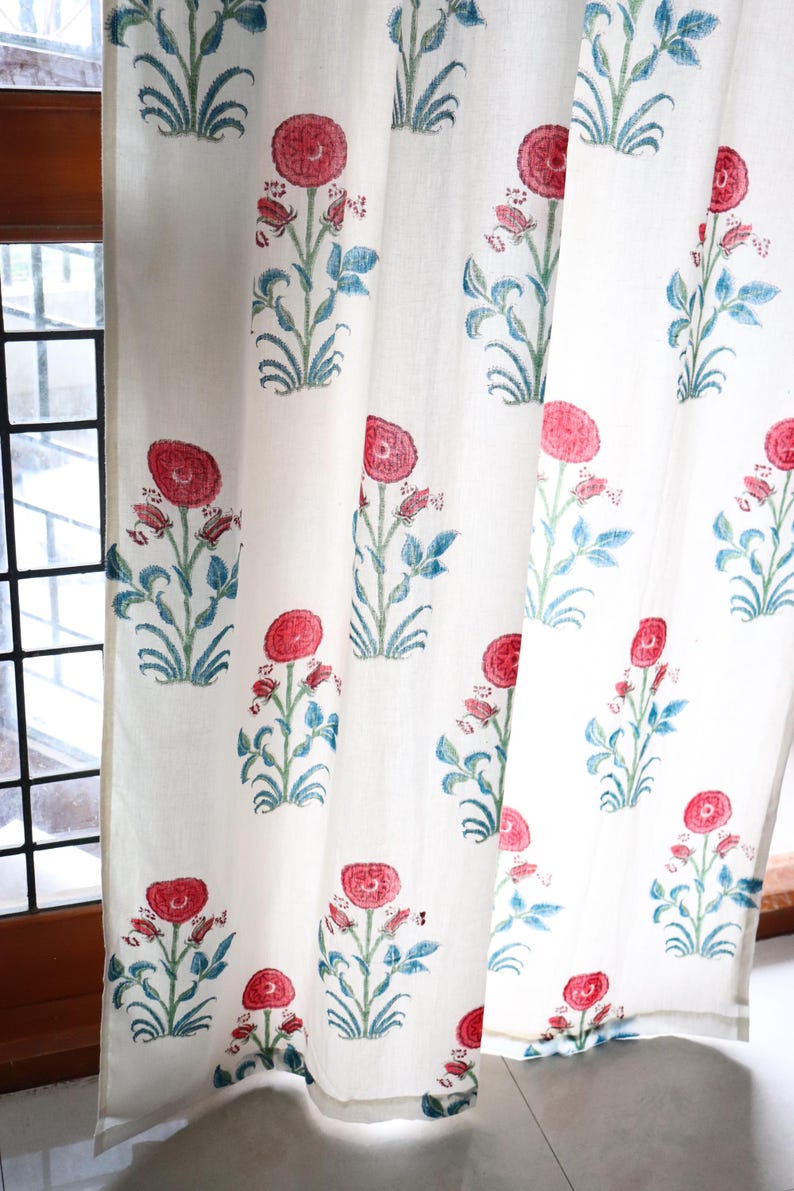 Hand Block Print Lined Cotton Curtains, Mughal Floral Design, Set of 2 ...