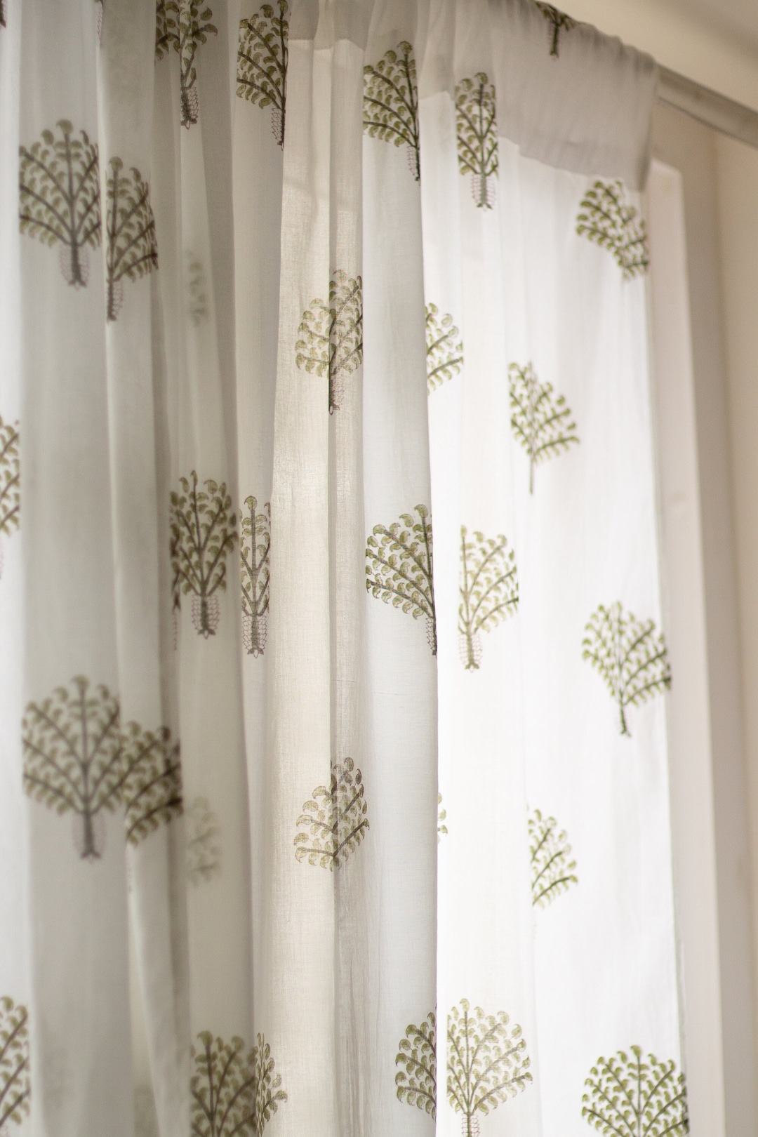 Green Leaf Pattern Sheer Curtains Indian Block Print Curtains Cotton ...