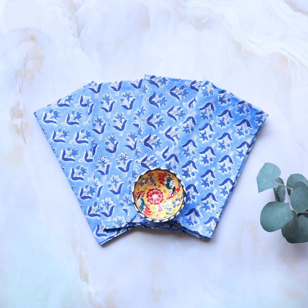 Easter Table Block Print Cloth Napkins - Set of 4 Blue Floral Cotton ...