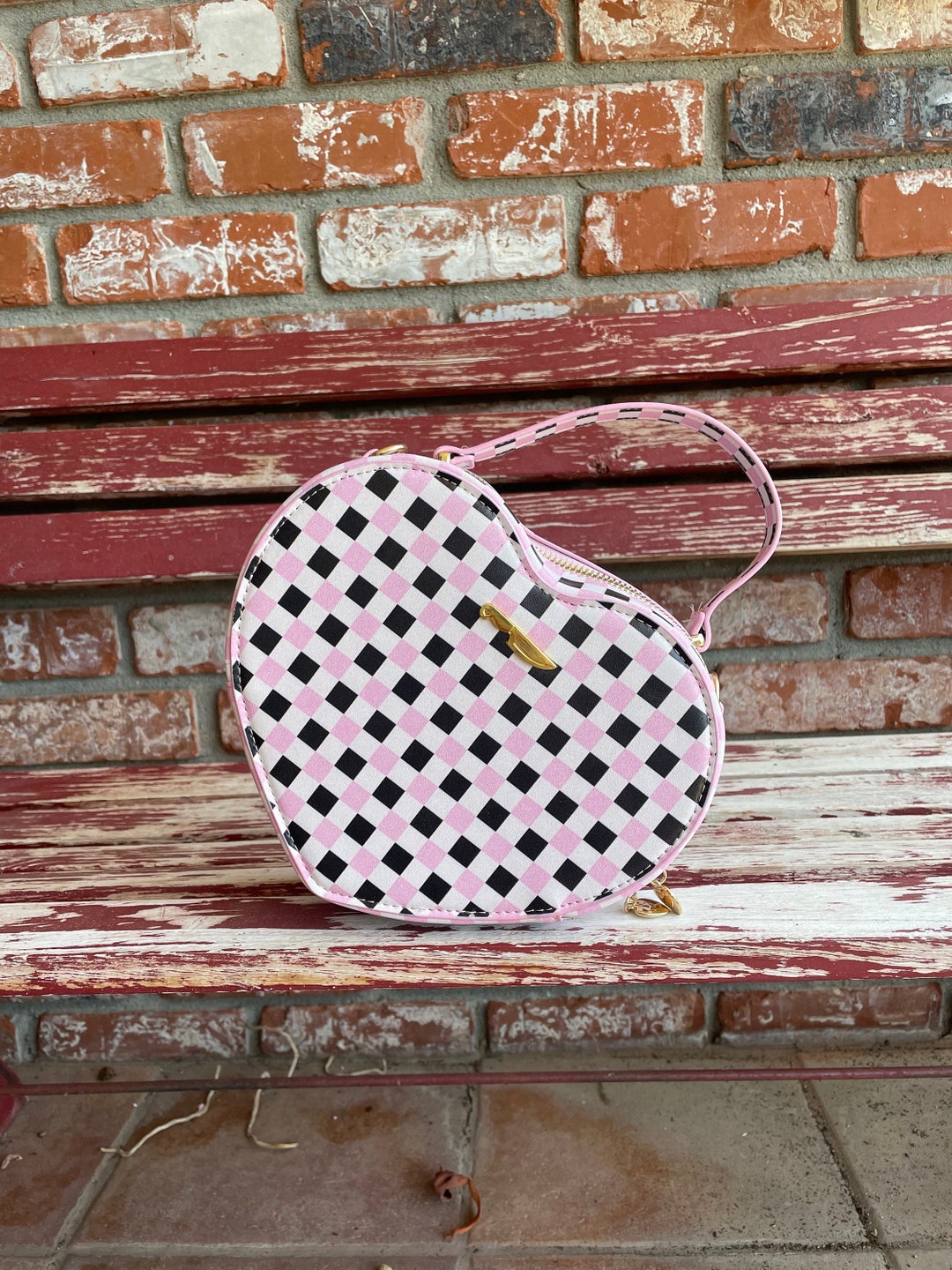 Black Pink Gingham Heart Bag - Etsy