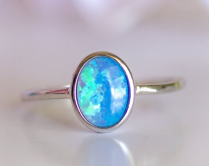Blue Opal Ring, Blue Fire Opal Ring, Oval Opal Ring, Promise Ring, Opal ...