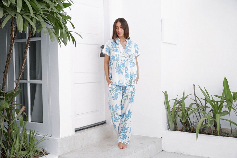 Maggie Pajama Set Long Pants // Lillies Cornflower Blue // | Etsy
