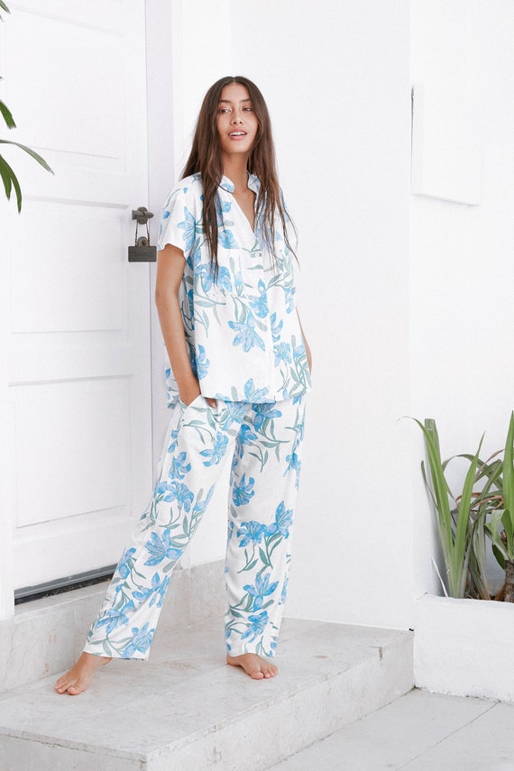 Maggie Pajama Set Long Pants // Lillies Cornflower Blue // | Etsy