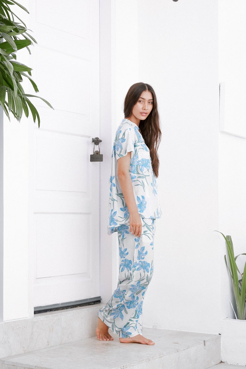 Maggie Pajama Set Long Pants // Lillies Cornflower Blue // | Etsy