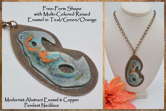 MCM Modernist ABSTRACT Copper & Enamel Pendant Neckla… - Gem