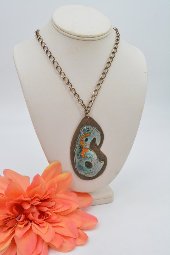 MCM Modernist ABSTRACT Copper & Enamel Pendant Neckla… - Gem