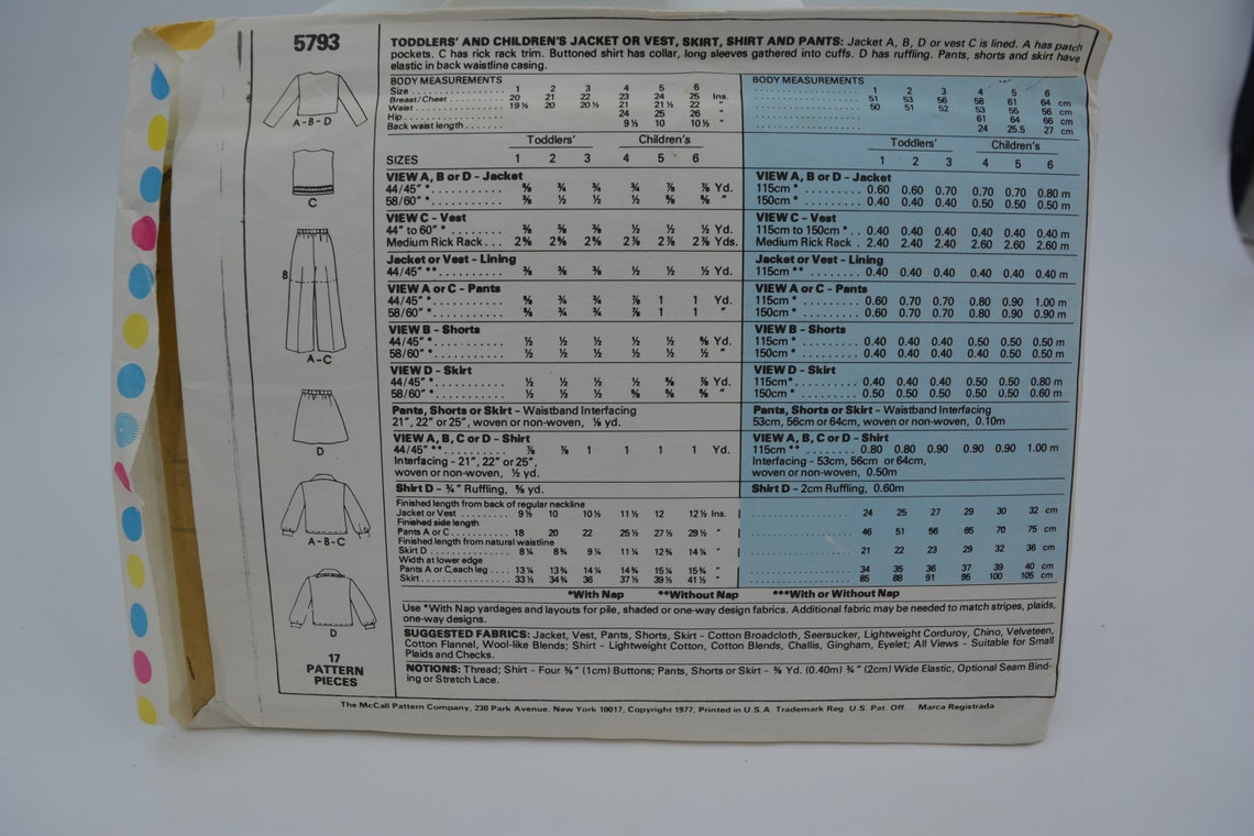 UNCUT Mccalls 5793 Pattern, Childrens Sz 4 Jacket, Vest, Shirt, Skirt ...