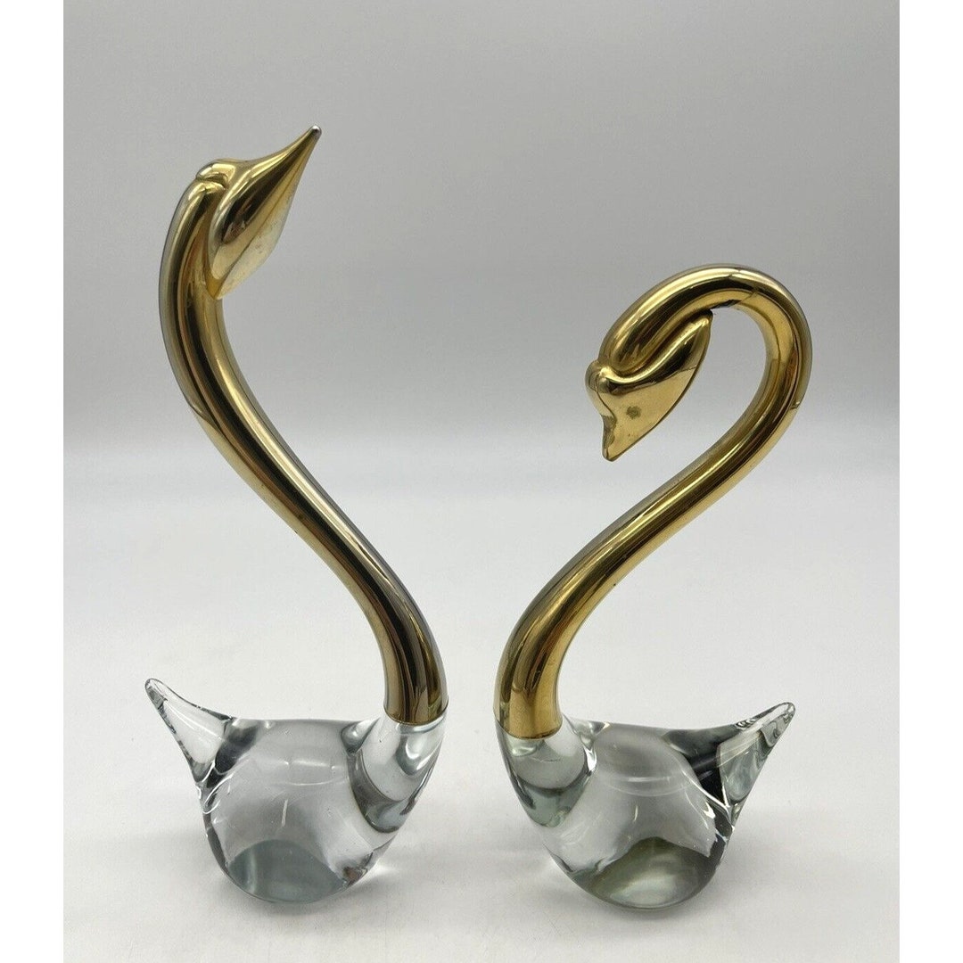 Vintage Brass and Art Glass Swans, Set of 2, Tall 8 & 9 Prestige ...