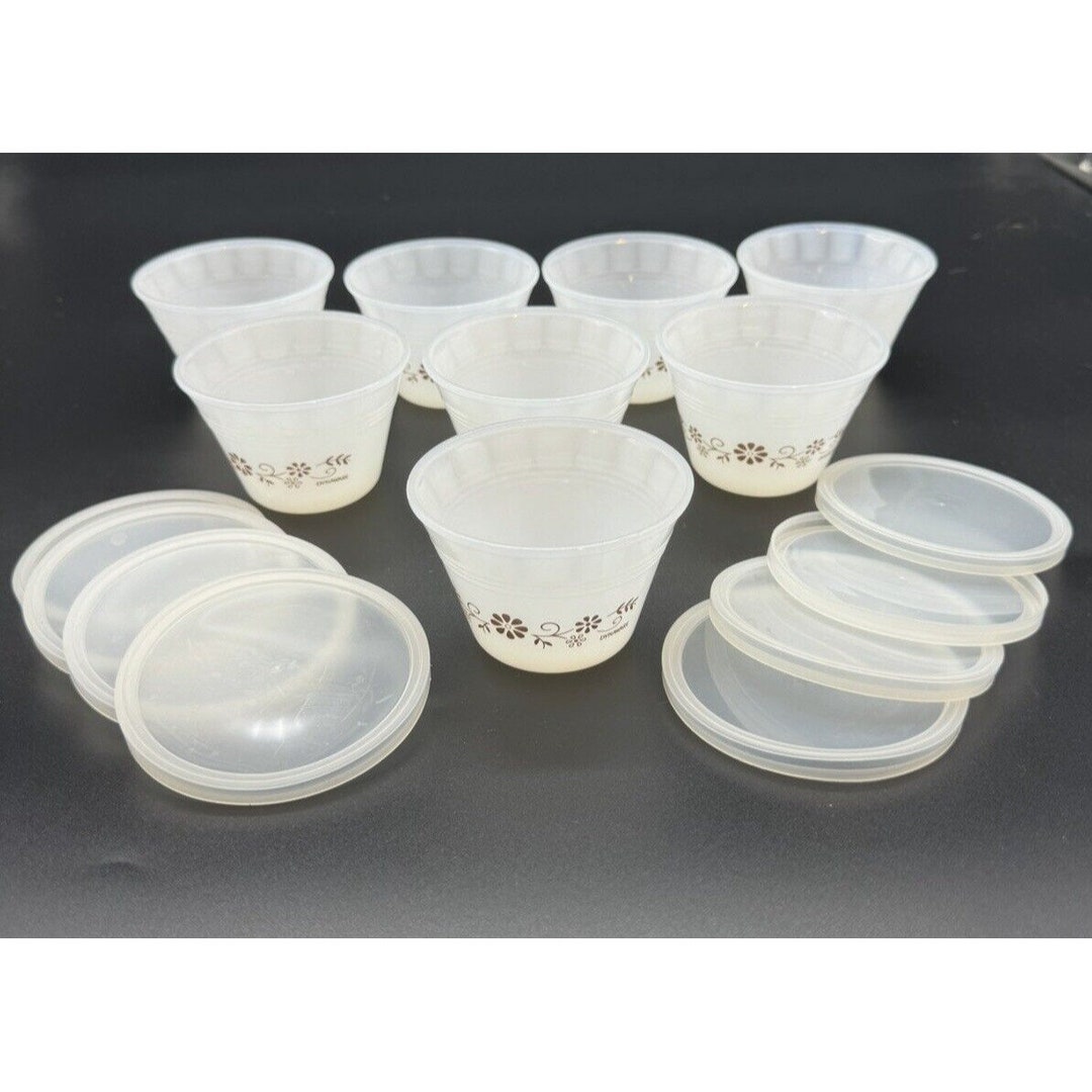 Vintage Dynaware Custard Cups W/ Lids set of 8 Brown Flower Milk Glass ...