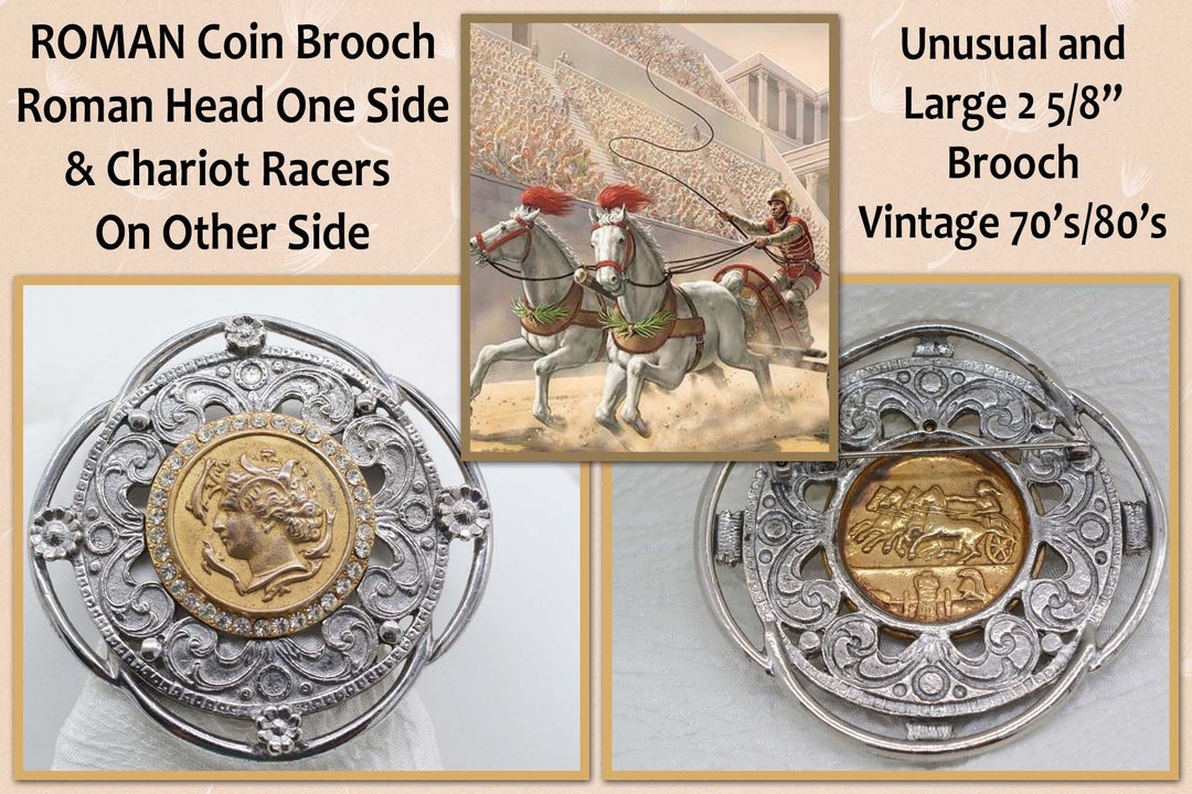 ROMAN COIN Brooch, Two Sided Coin, Centurion Solider and Chariot Racer ...