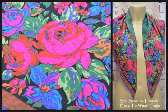 Silk Scarf Unusual Triangle Shape With Bright Florals of - Etsy