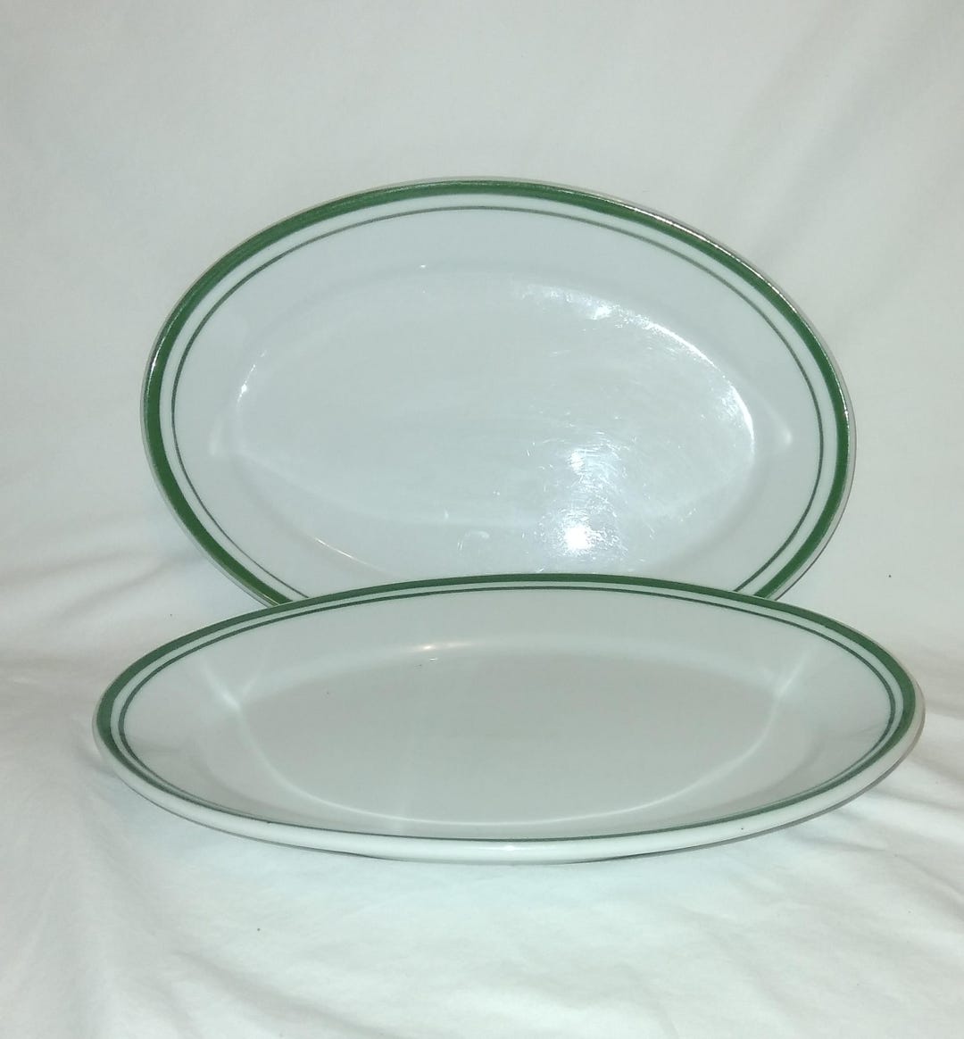 Set of 2 Restaurant Ware OVAL Plates 9 1/2" × 6 1/2" by Rego Green Rim ...