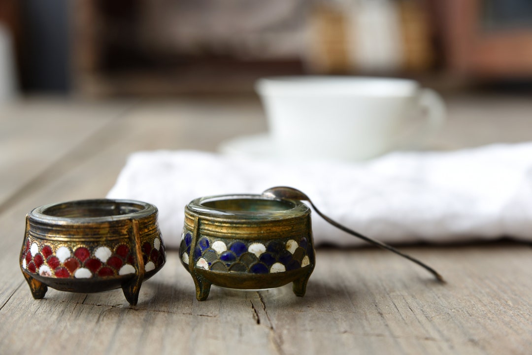 Vintage Salt Cellar With Spoon – Glass Insert and Enamel Melchior Metal ...