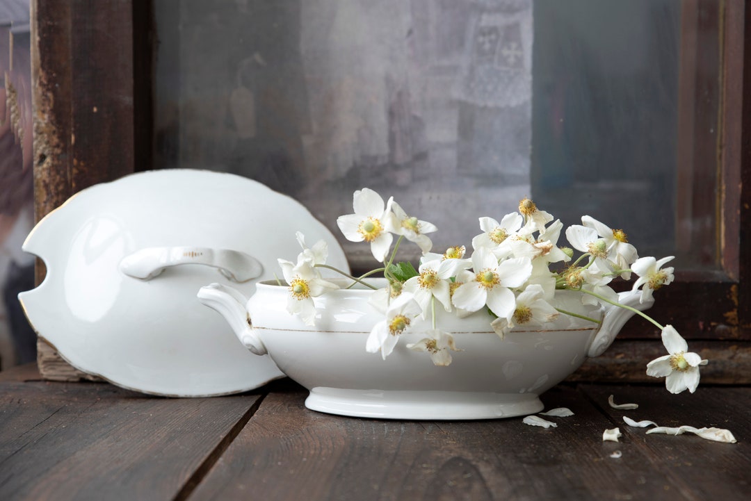 Vintage Ceramic Tureen With Lid – Gold Trim – Rustic Farmhouse Decor ...