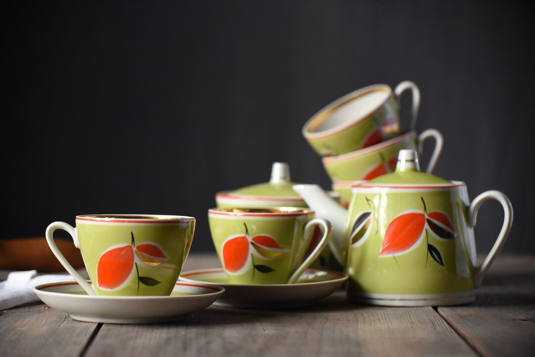 Vintage Tea Set – 1950s Faience With Leaf Motif – 5 Cups, Saucers ...