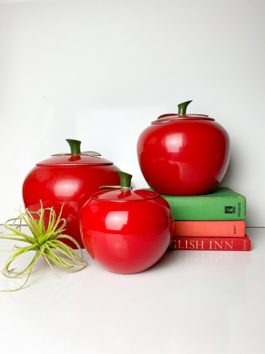 Vintage Canister Set Aluminum Apples Set of 3 Mid Century Kitchen Red ...