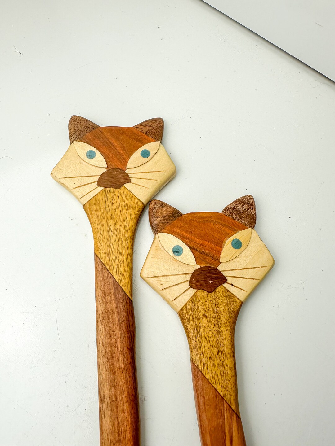 Vintage Mid Century Serving Spoon & Fork Set Wood Inlay Cat Fox Serving ...