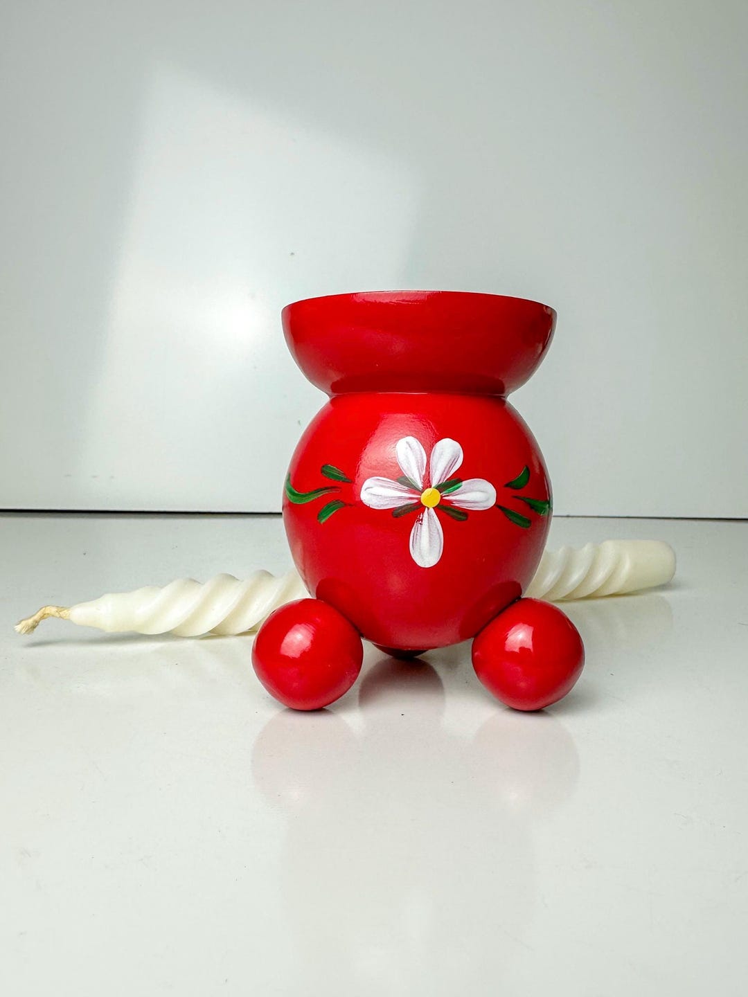 Swedish Folk Art Candle Holder Traditional Scandinavian Wood Footed ...