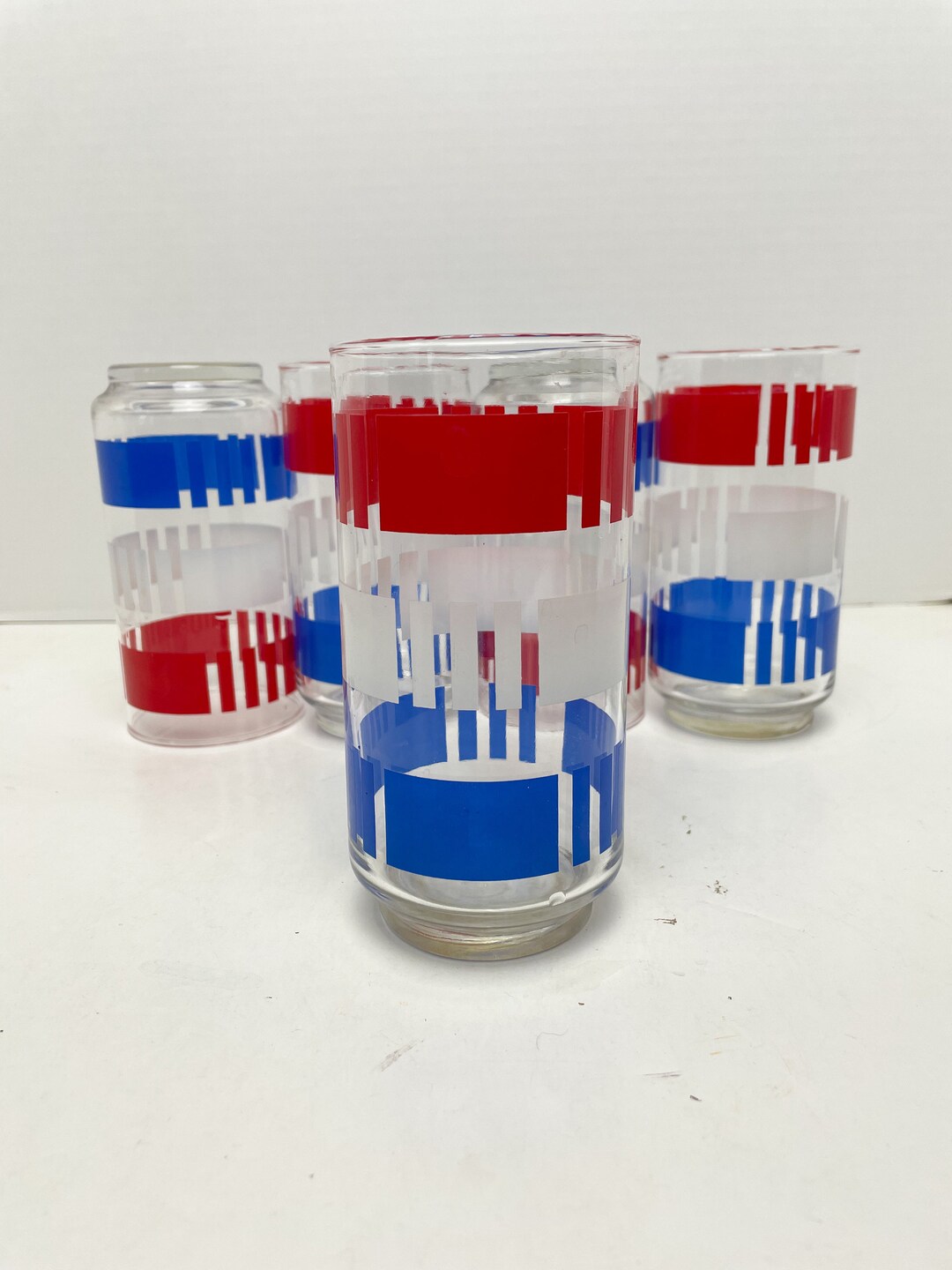 Vintage Libbey Drinking Glass Tumblers Set of 5 Red White Blue Stripe ...