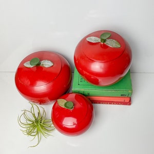 Vintage Canister Set Aluminum Apples Set of 3 Mid Century Kitchen Red ...