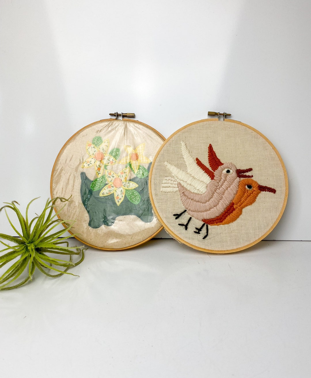 Vintage PAIR Floral & Birds Crewel Embroidery Retro Appliqué Yarn ...