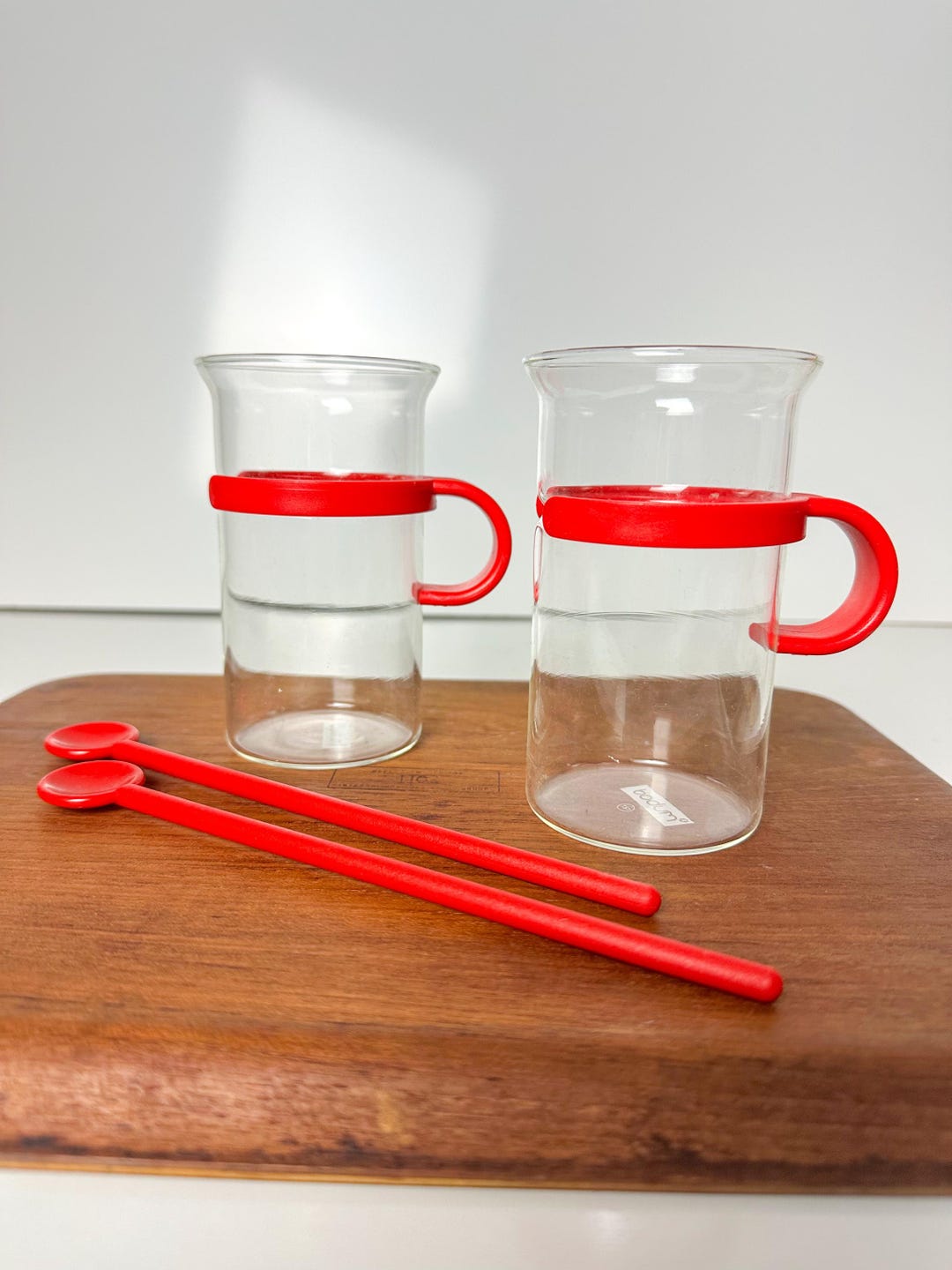 Vintage BODUM Glass Coffee Mug PAIR With 2 Stirring Spoons Red Handles ...